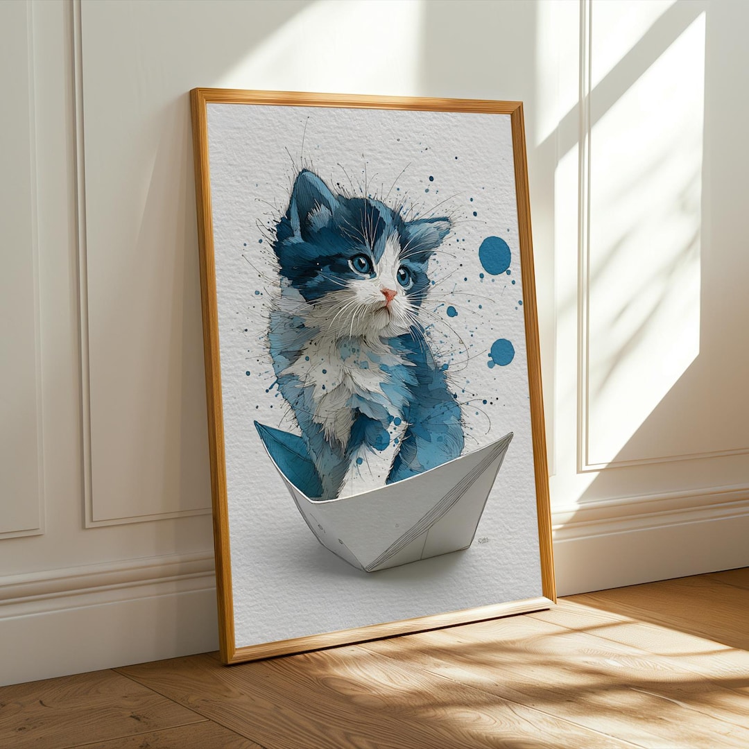 Blue Cat Poster – Whimsical Watercolor Animal Art - Etsy