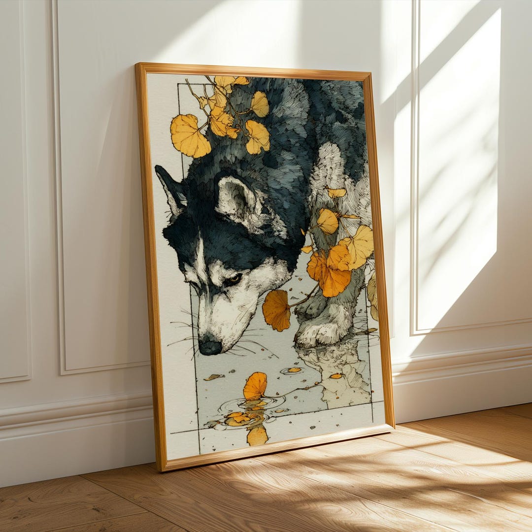 Husky Art Print - Minimalist Ink Drawing With Orange Leaf - Etsy