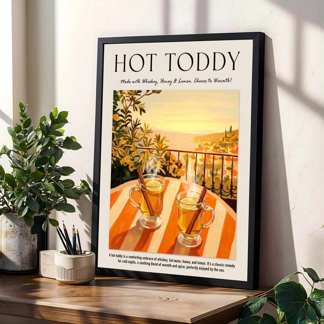 Hot Toddy Glow Poster – Vintage Illustration, Amber Teal Sunset, Mixed ...