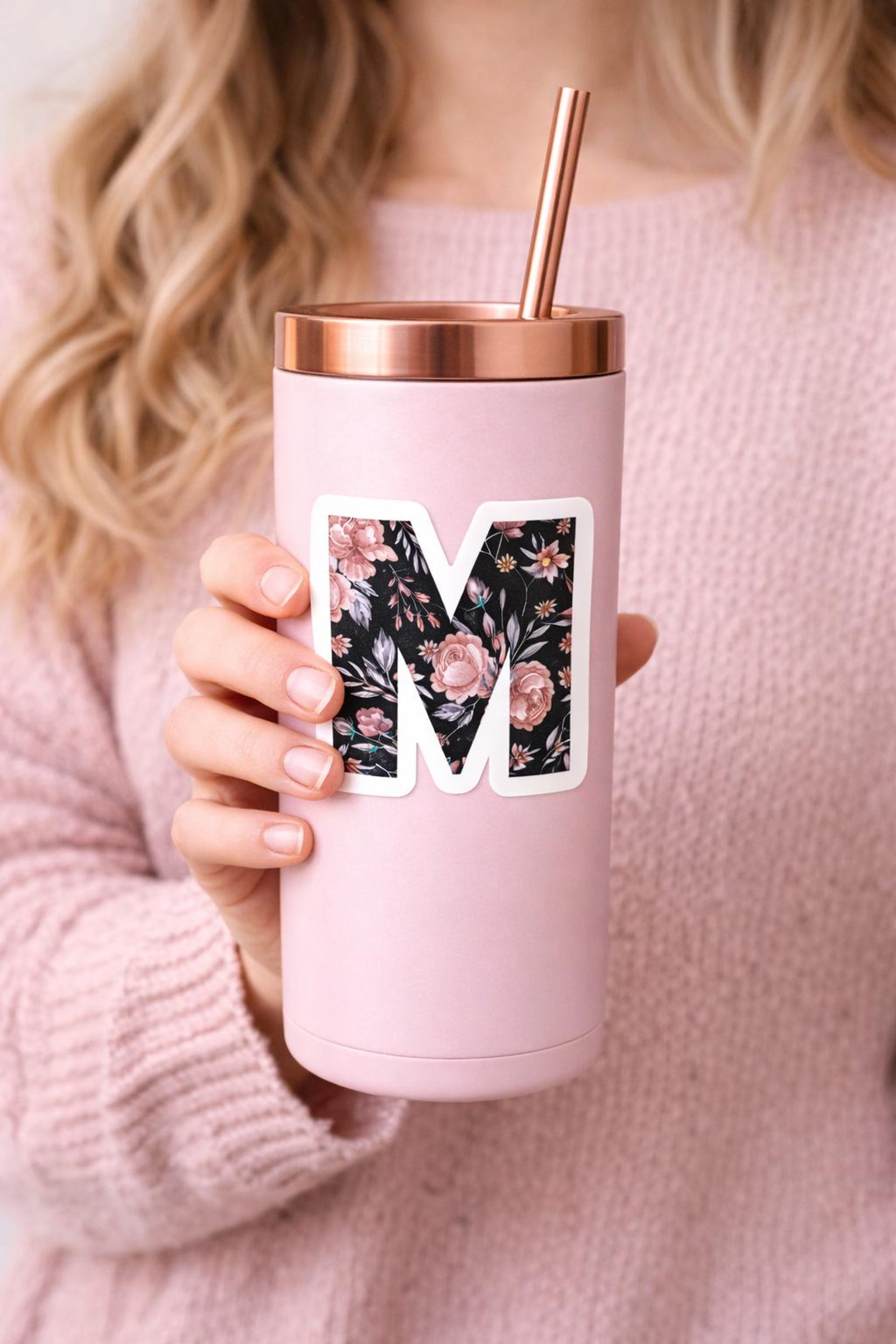 Floral Initial Sticker, Black & Pink Flowers, Personalized Gift - Etsy