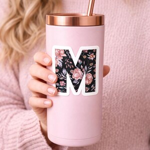 Floral Initial Sticker, Black & Pink Flowers, Personalized Gift - Etsy