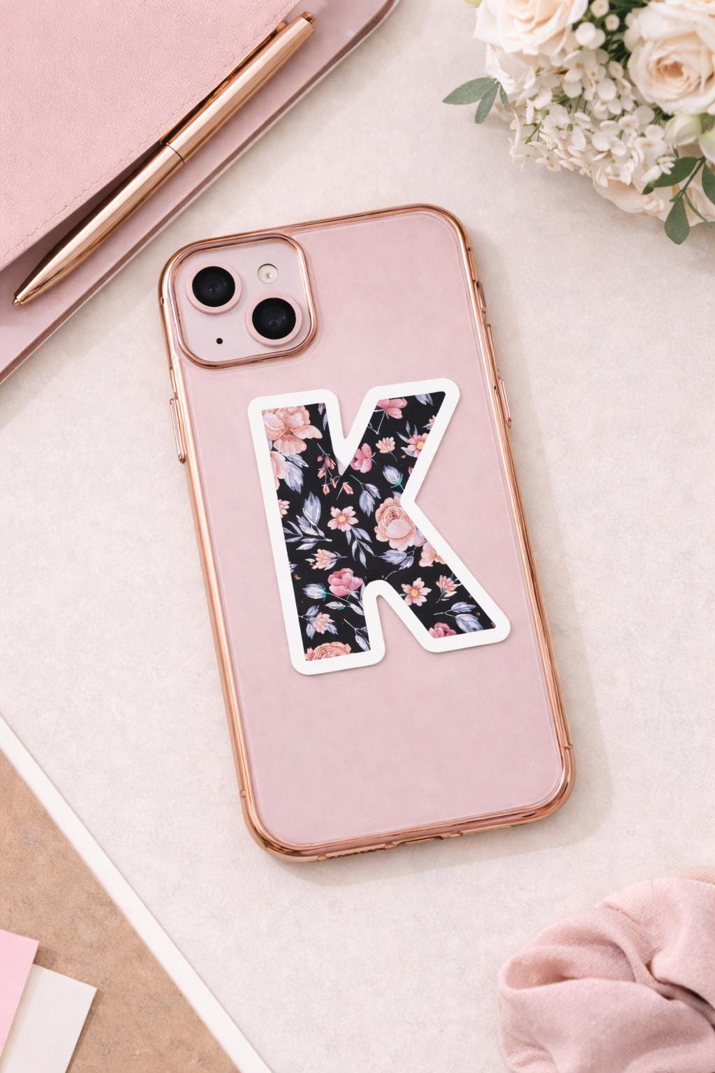 Floral Initial Sticker, Black & Pink Flowers, Personalized Gift - Etsy