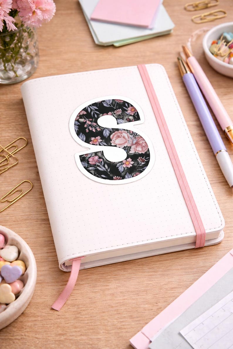Floral Initial Sticker, Black & Pink Flowers, Personalized Gift - Etsy