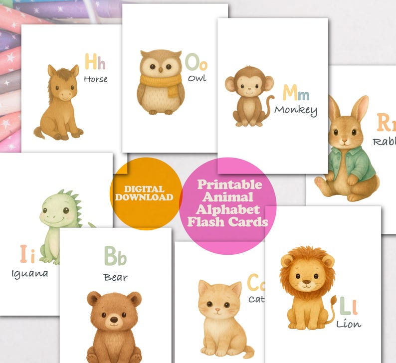 Set of 2 Printable Animal Alphabet Flash Cards, Poster Animal Alphabet ...