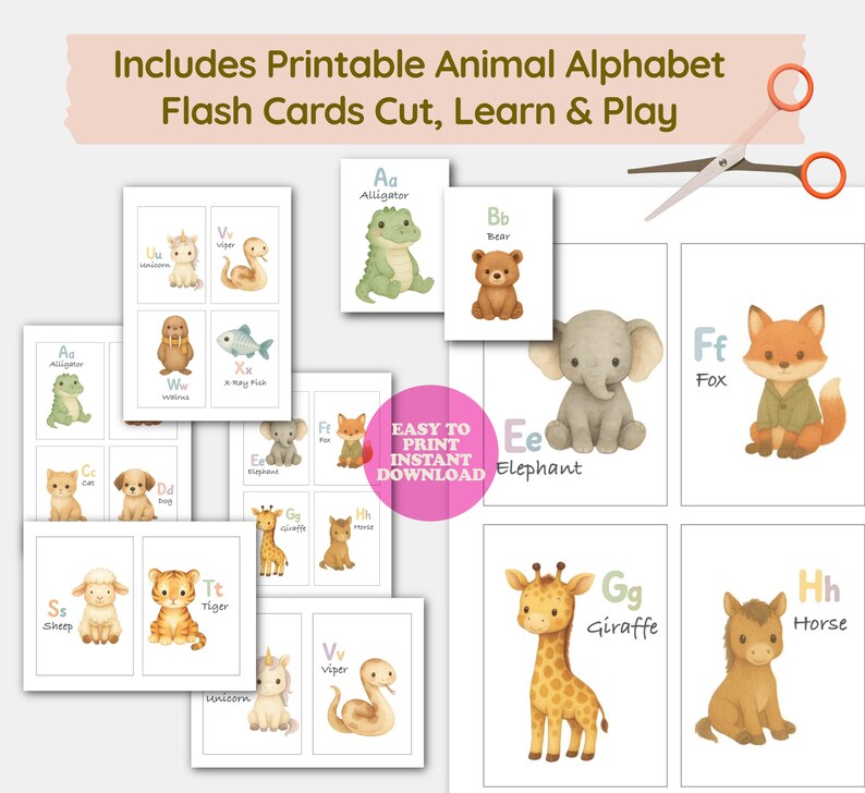 Set of 2 Printable Animal Alphabet Flash Cards, Poster Animal Alphabet ...