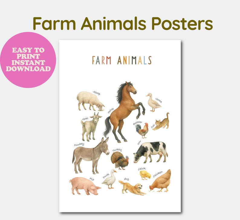 Farm Animals Poster Educational Poster, Nursery Wall Decor, Playroom ...