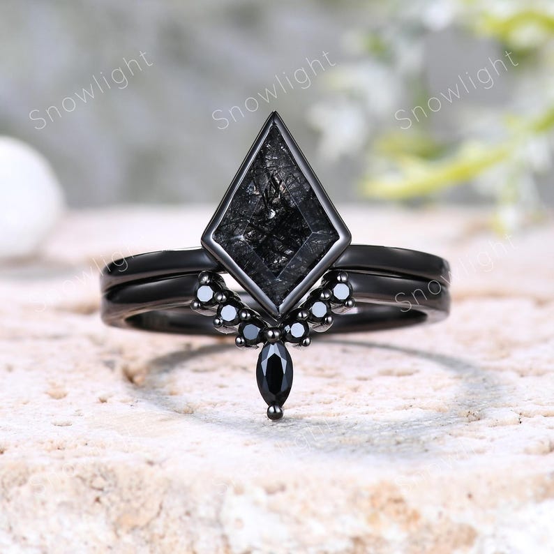 Kite Cut Black Rutilated Quartz Engagement Ring Set: Gothic Marquise ...