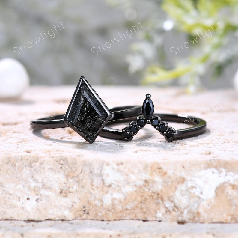 Kite Cut Black Rutilated Quartz Engagement Ring Set: Gothic Marquise ...