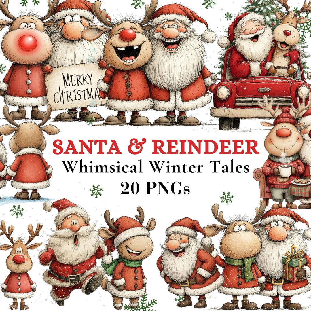 Santa & Reindeer Clipart Set | Cozy Christmas Pngs | Cute Holiday ...