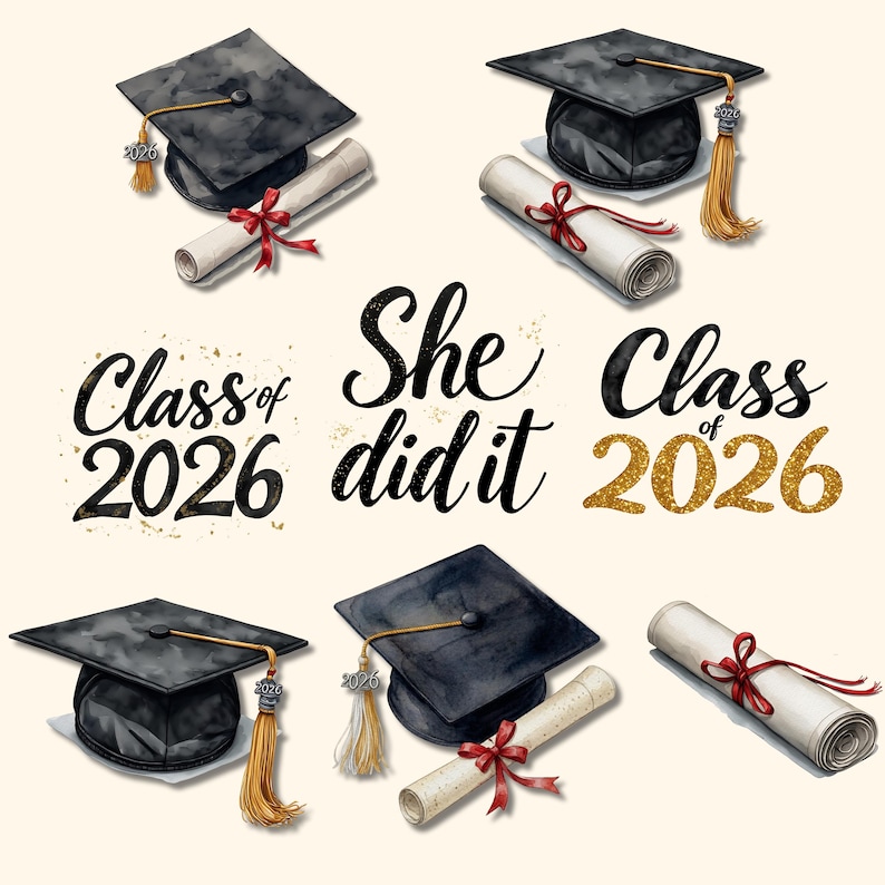 Class of 2026 Graduation Girl Watercolor Clipart Bundle, 21 PNG Instant ...