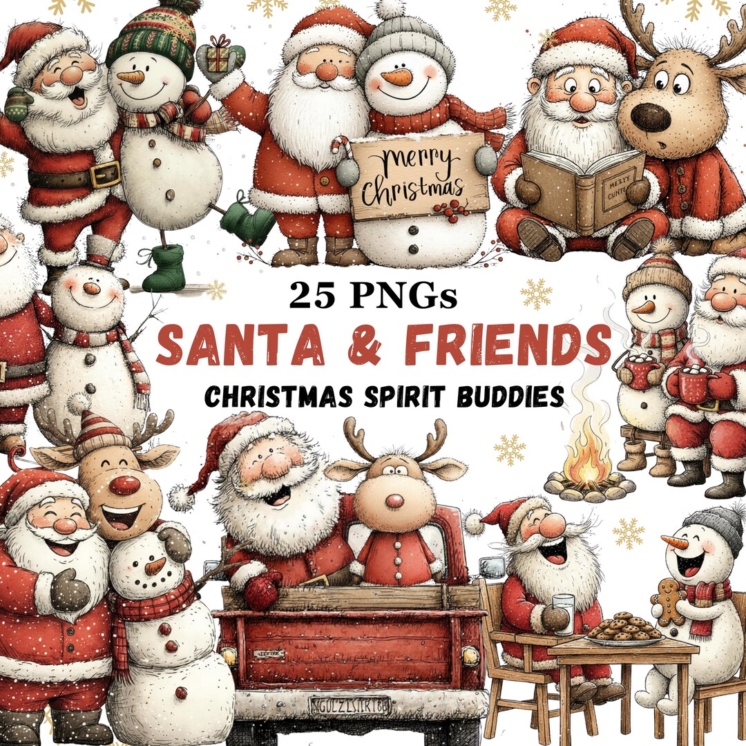 Santa & Friends Clipart Set | Cute Christmas Pngs | Festive Holiday ...