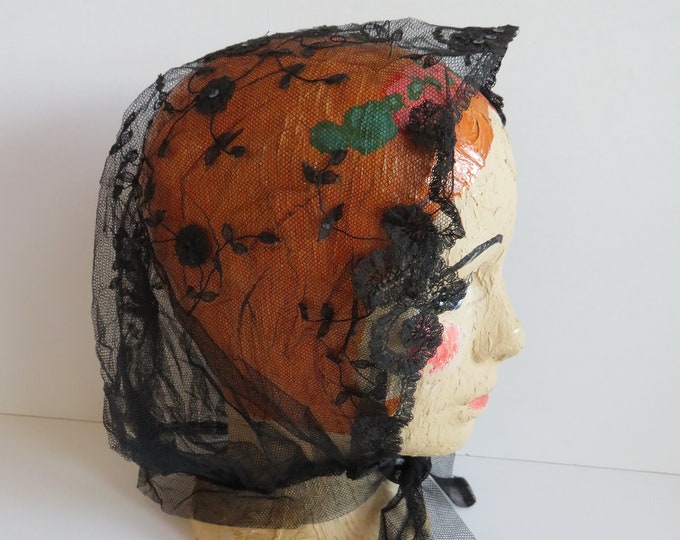 1960s Sheer Nylon Lace Hair Net Hair Bonnet - Black Roses Sequins ...