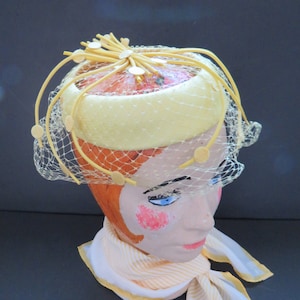 1950s Ring Hat With Veil - Lemon Yellow Hat Streamers Polka Dots Veil ...