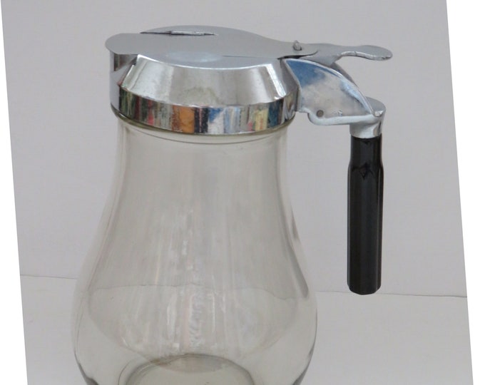 Vintage Extra Large Clear Glass Syrup Pitcher Dripcut Silver Metal Top ...