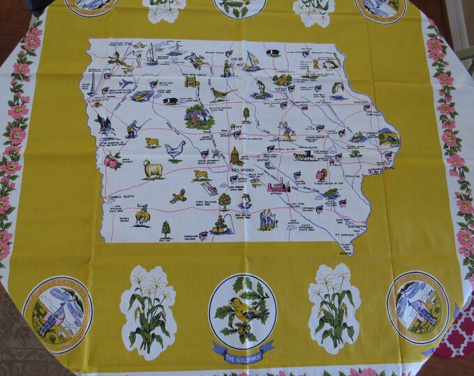 1950s Vintage IOWA State Map Tablecloth - Iowa State Souvenir - Hawkeye ...