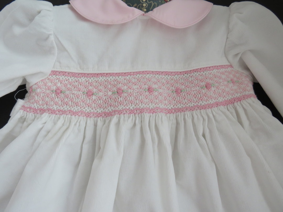 Little Girls Smocked Dress by Petit Bebe Size 2 White Cotton Corduroy ...