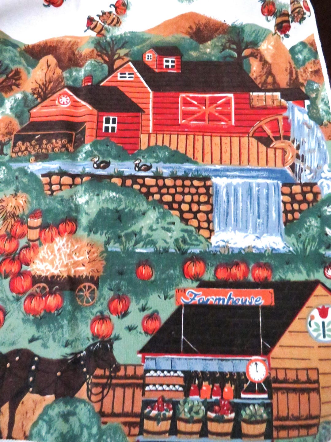 Vintage Long Fall Harvest Tablecloth Country Farm Scenes Autumn ...