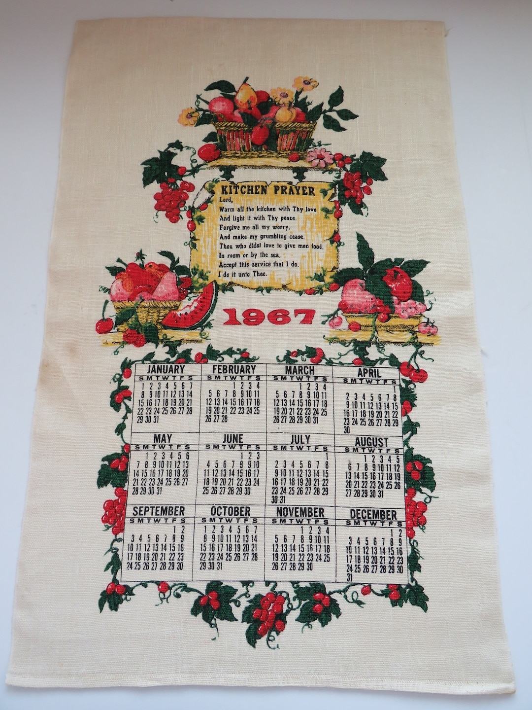 Vintage 1967 Kitchen Prayer Calendar Tea Dish Towel Wall Hanging ...