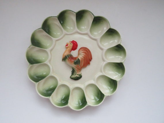 Platters Vintage Deviled Egg Plate Hand Painted Rooster Ceramic ...