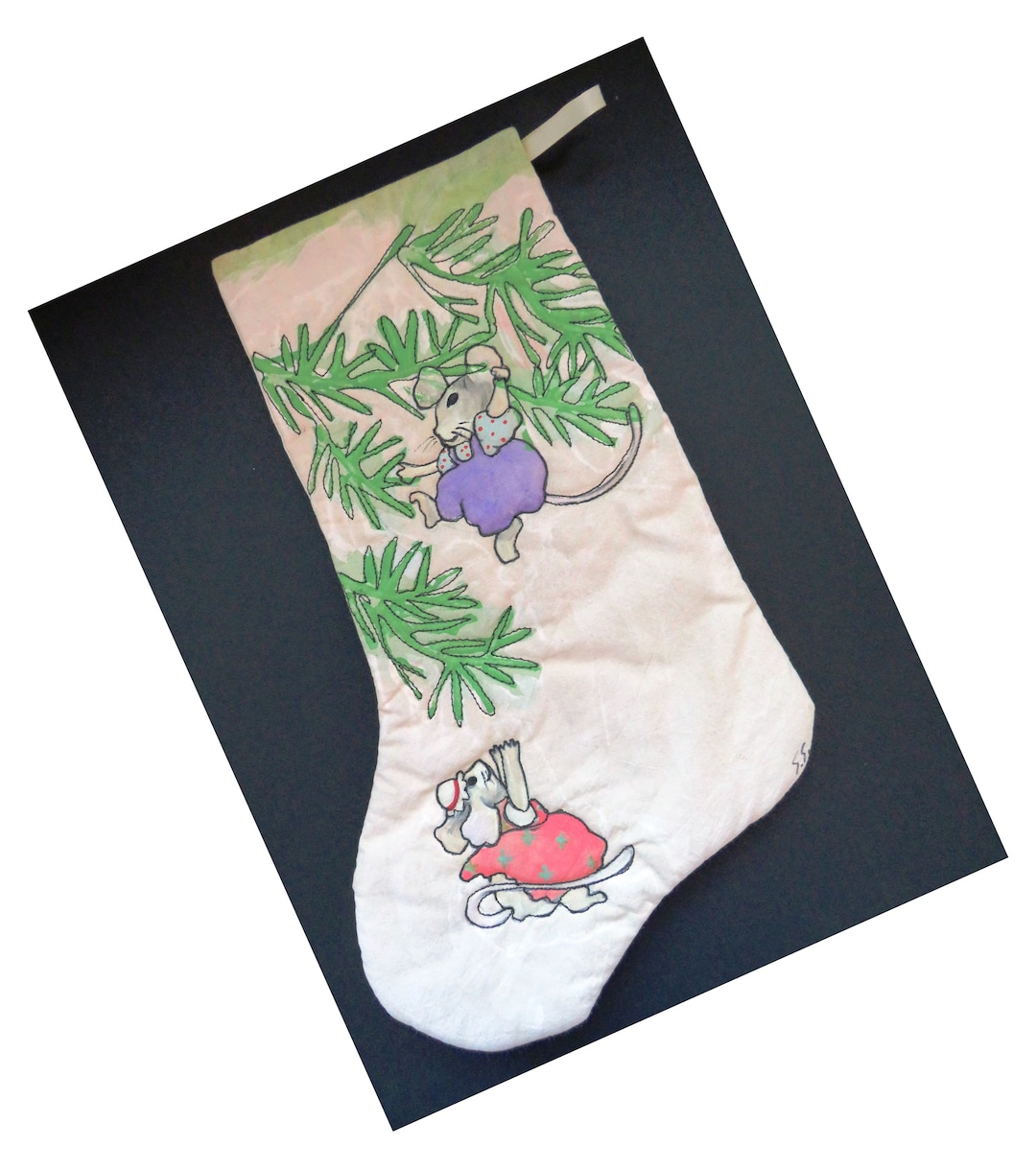 1980s Christmas Stocking Hand Painted Padded Whimsical Mice Mouse ...