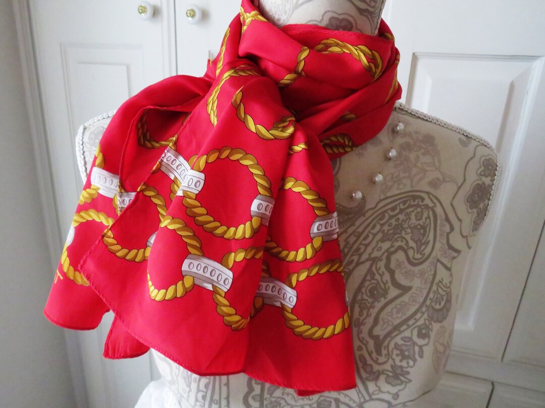 Vintage Long TALBOTS Silk Scarf Bright Red Gold Ropes and Chains Womens ...
