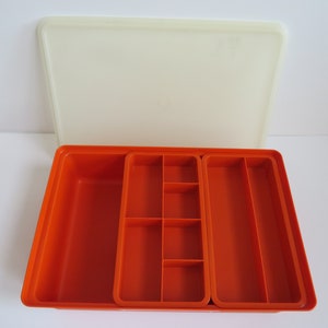 1980 Tupperware Hobby Organizer - Orange Divided Plastic Container Lid ...