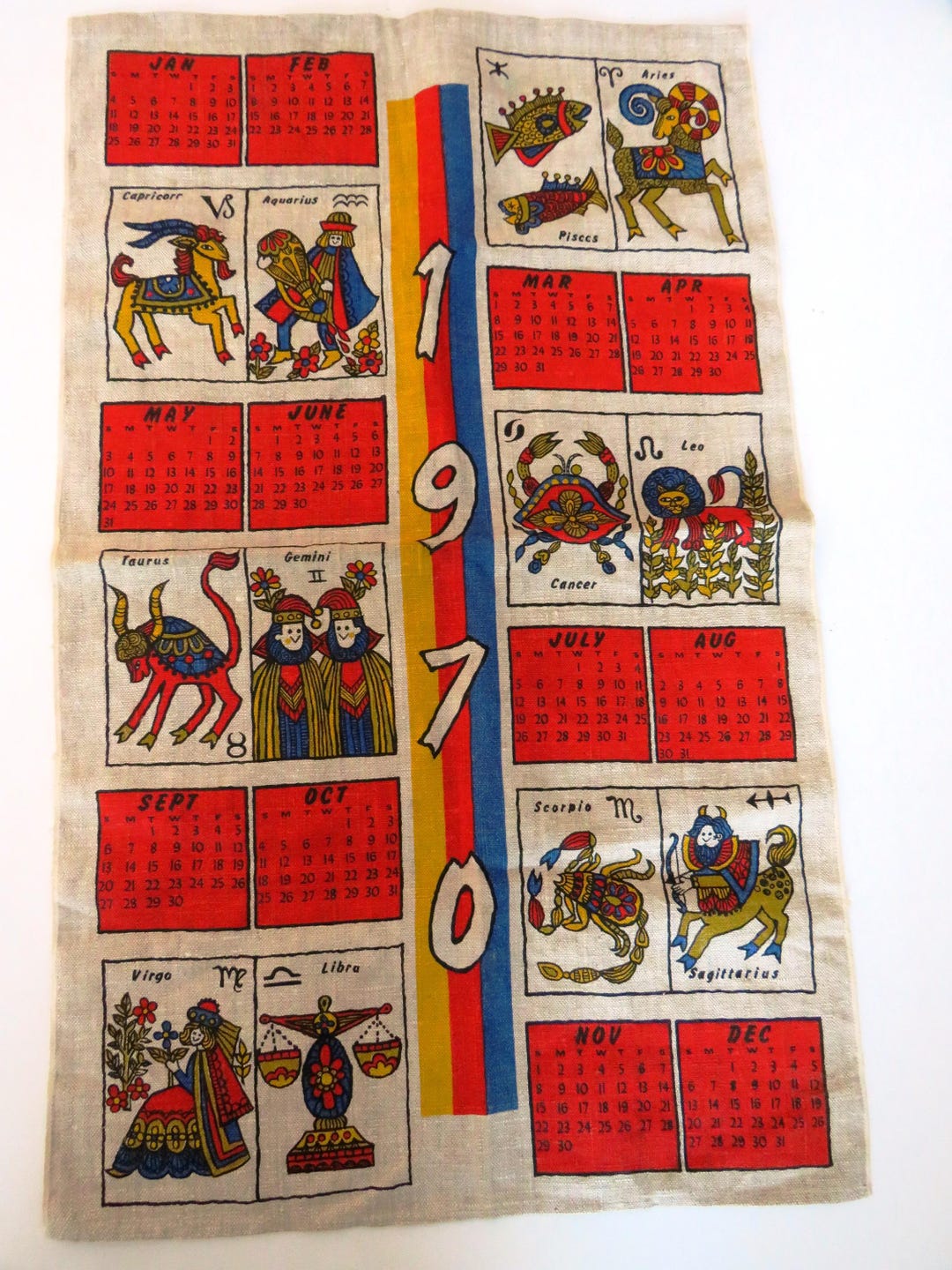 1970 Zodiac Calendar Tea Towel - Retro Mod Astrology Wall Hanging ...