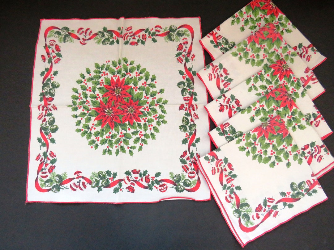 Christmas Dinner Napkins Set of 6 Holly Poinsettias Ornaments Bells Red ...
