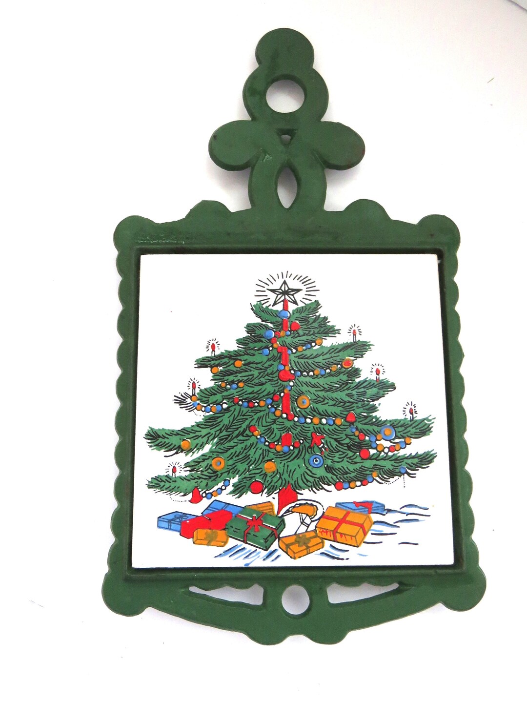 Vintage Christmas Trivet Green Cast Iron Ceramic Trivet by Prince ...