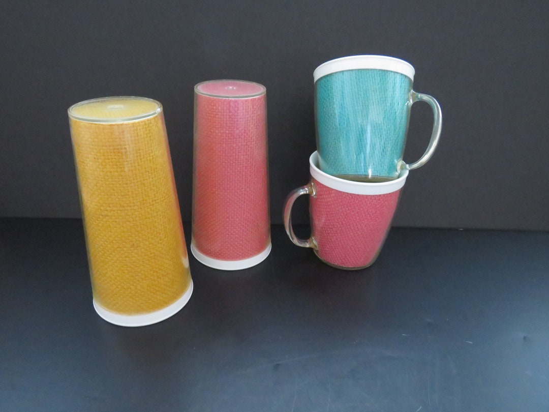 Vintage Retro Thermo Cups Glasses - Set of 4 - 1960s Raffiaware Basket ...