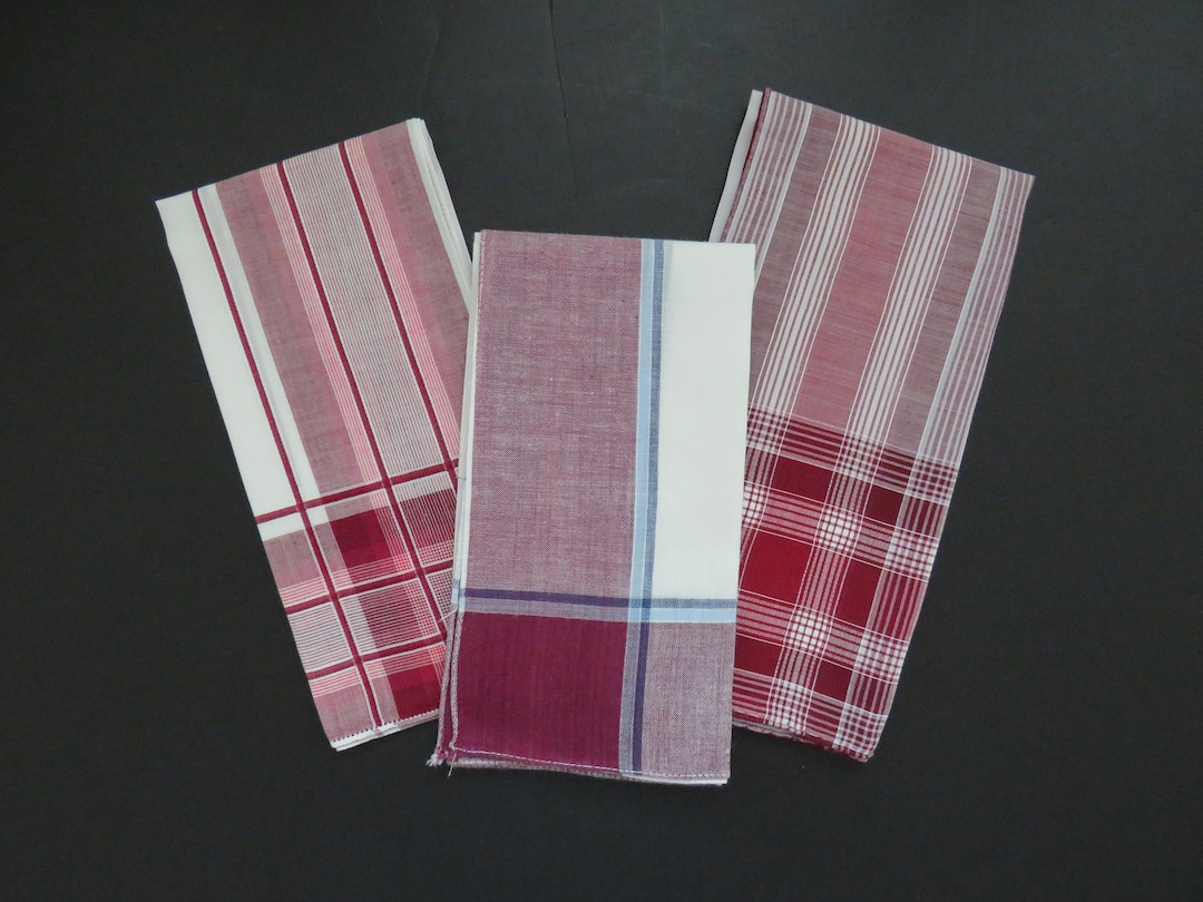 Three Vintage Mens Handkerchiefs - Burgundy White Stripes and Checks ...