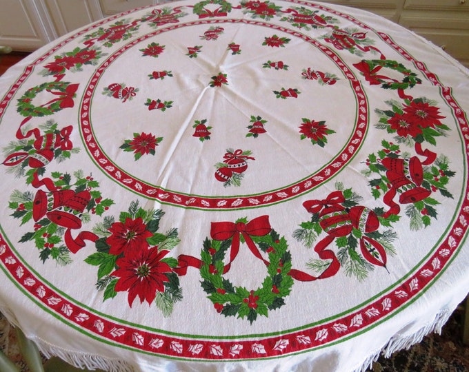 1970s ROUND Christmas Tablecloth - Shiny Brites Holly Wreath Jingle ...