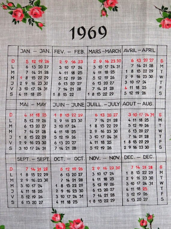 1969 Roses CALENDAR Handkerchief - English French Mon… - Gem