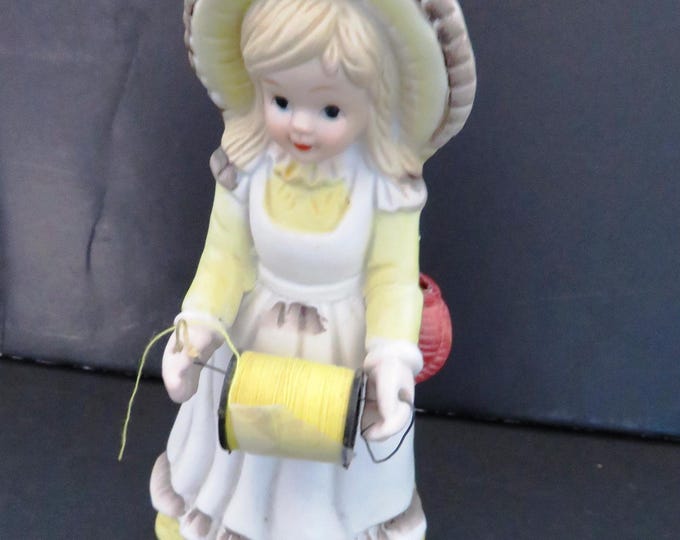 1970s Porcelain Yellow Seamstress Girl Figurine - Sewing Caddy Pin ...