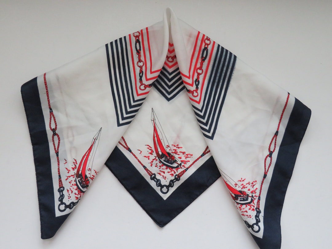 Vintage Square Nautical Scarf Sail Boats Ships Ropes Red White Blue ...