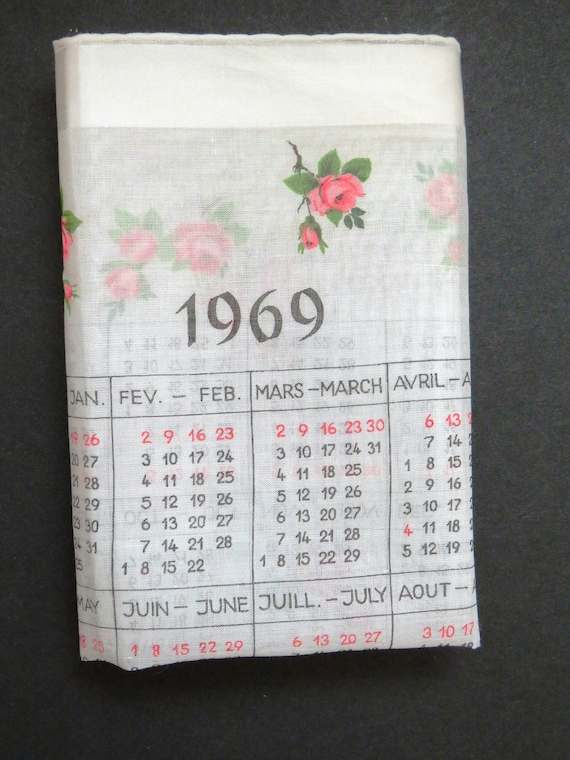 1969 Roses CALENDAR Handkerchief - English French Mon… - Gem