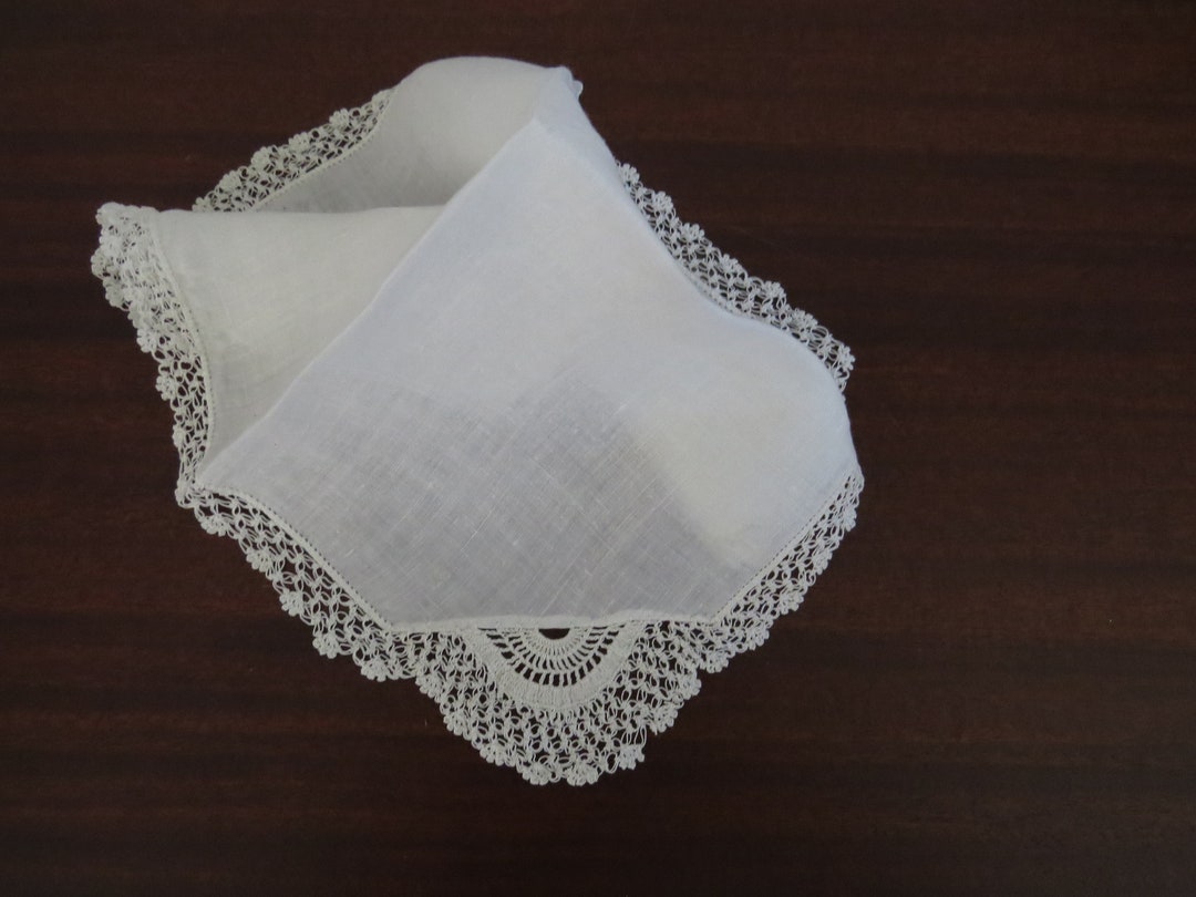 White Lace Handkerchief Hand Crochet Half Moon White Lawn Brides ...