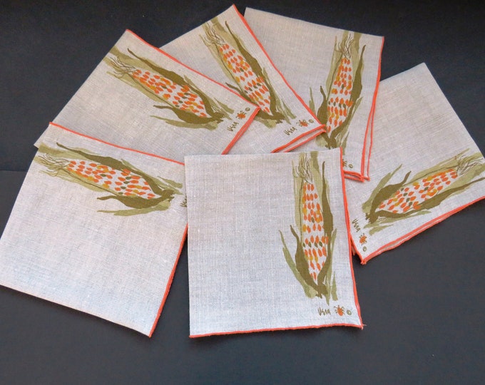 1970s Vera Neumann Corn Napkins Set of 6 Orange Avocado Green Corn on ...