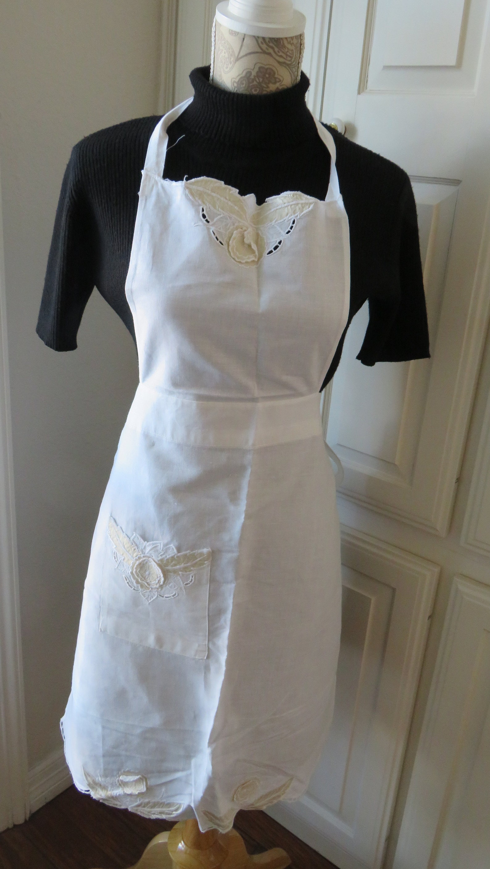 1960s Vintage Bib Apron White Linen Embroidered Appliqued - Etsy