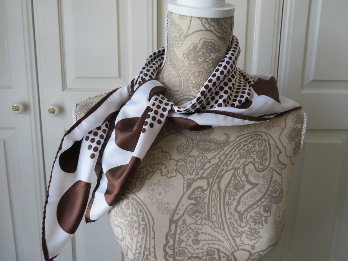 1980s Vintage Mod Square Scarf Retro Brown White Polka Dots - Etsy