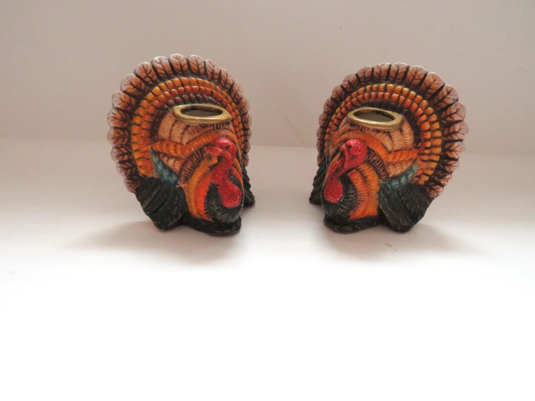 Vintage Turkey Candle Holders Wild Birds Hand Painted Thanksgiving ...