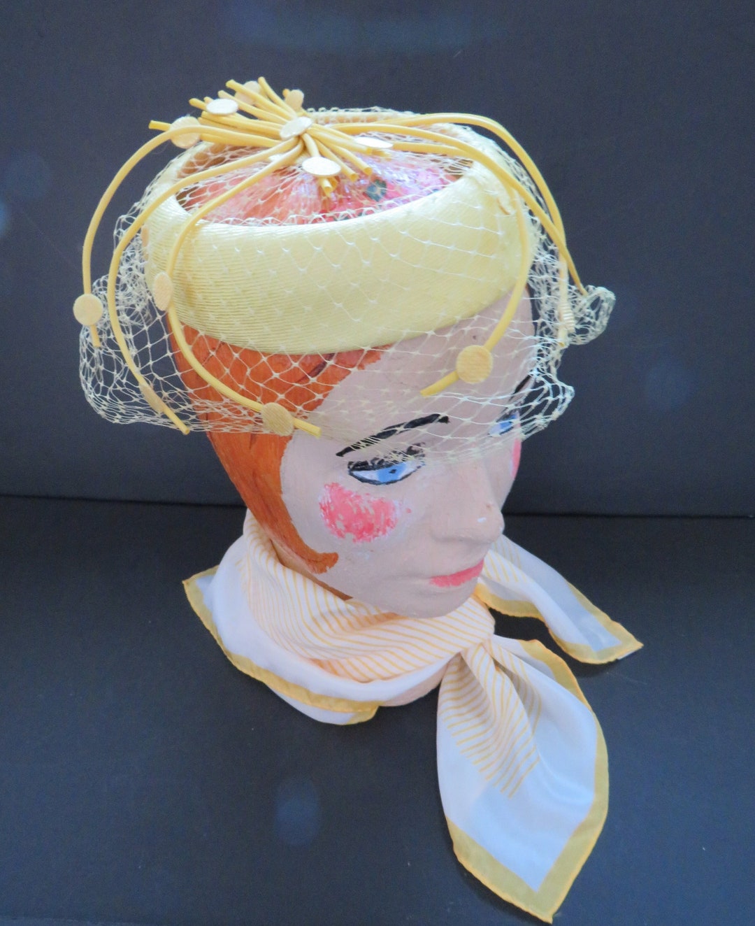 1950s Ring Hat With Veil - Lemon Yellow Hat Streamers Polka Dots Veil ...