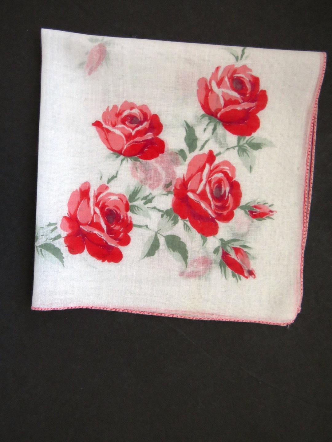 Vintage Roses Handkerchief Hanky Hankie - Long Stem Pink Red Roses Buds ...
