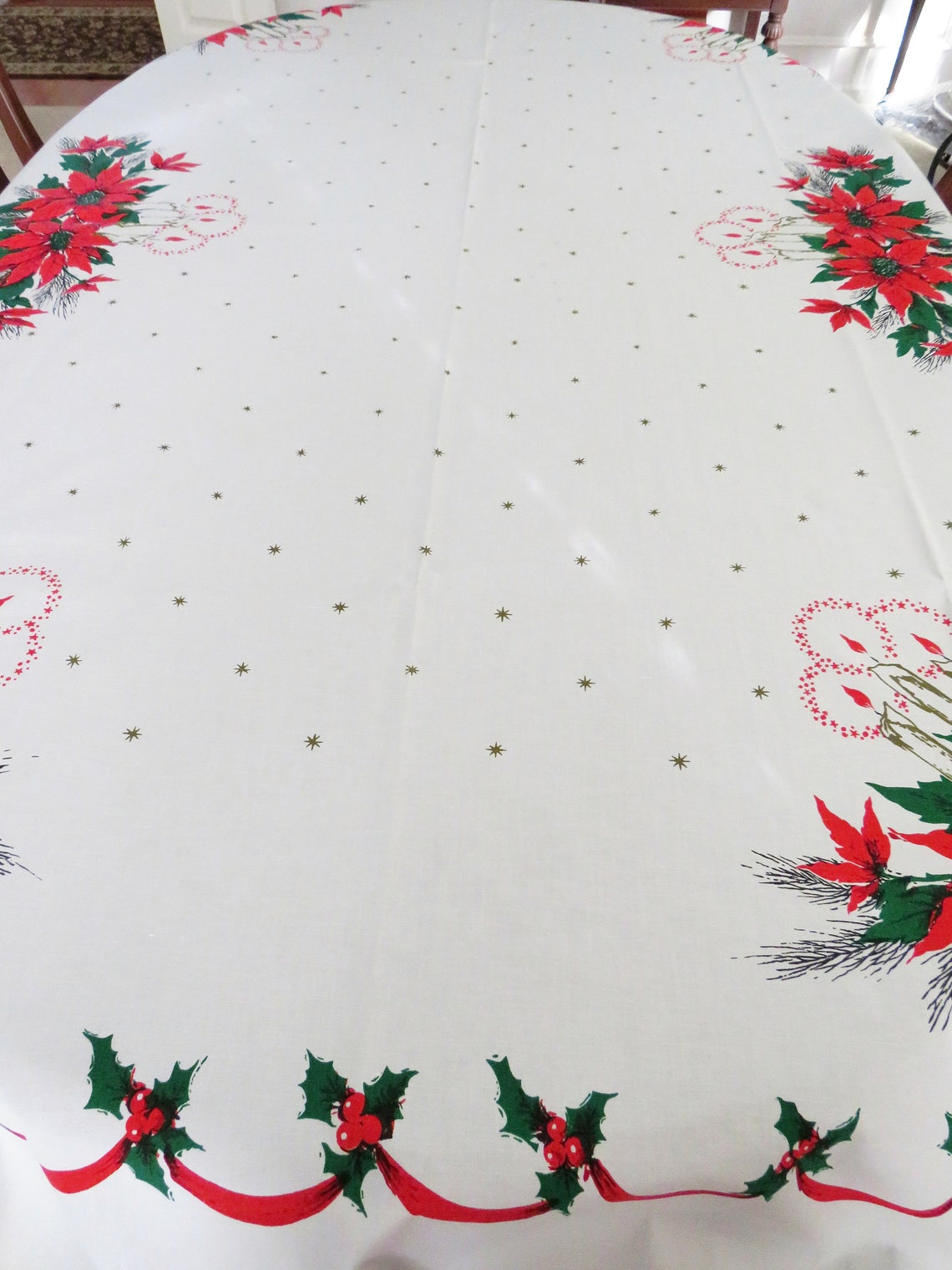 Large 1950s Christmas Tablecloth Red Poinsettias Ribbons - Etsy