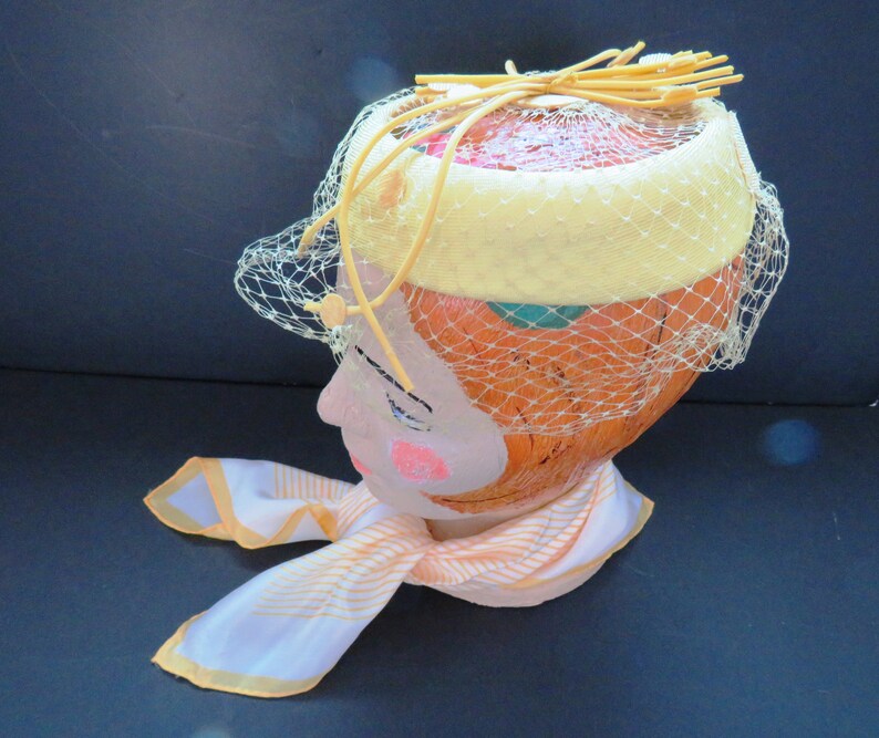 1950s Ring Hat With Veil - Lemon Yellow Hat Streamers Polka Dots Veil ...