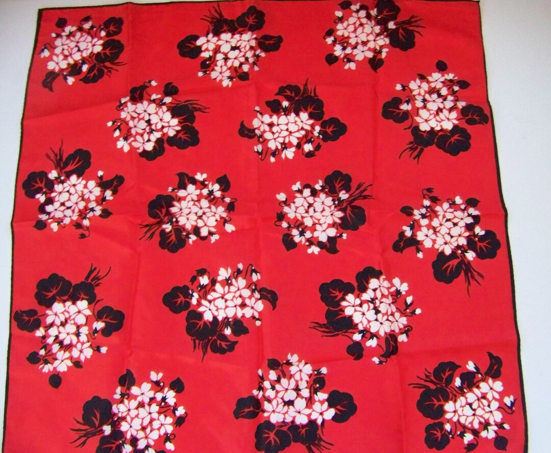 1970s Red Square Scarf by Glentex White Cherry Blossoms Bright Red ...