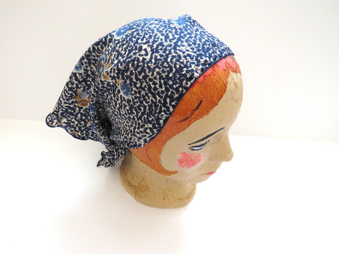 1980s Triangle Head Scarf - Blue Tan Flowers - Silky Boho Kerchief ...