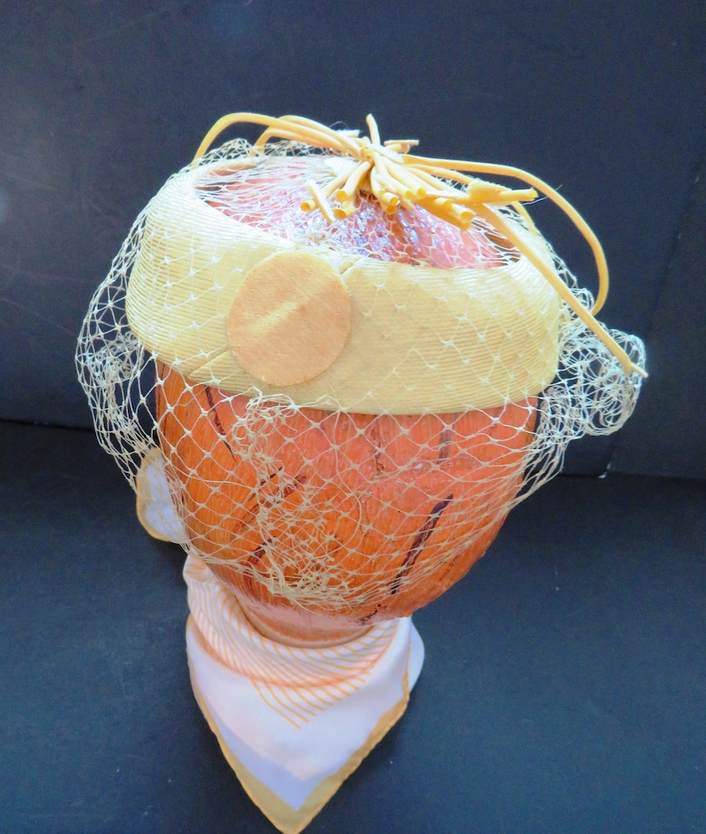 1950s Ring Hat With Veil - Lemon Yellow Hat Streamers Polka Dots Veil ...