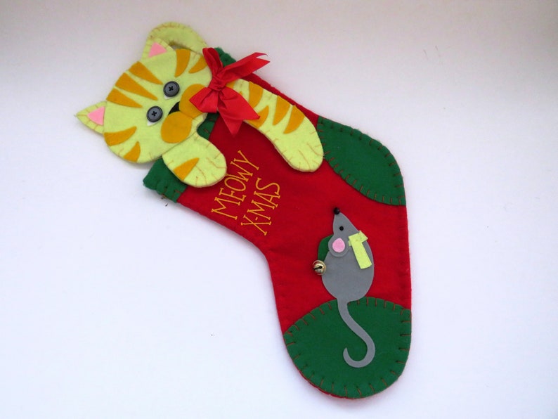 Vintage Felt Cat Christmas Stocking Tabby Cat Mouse Red | Etsy