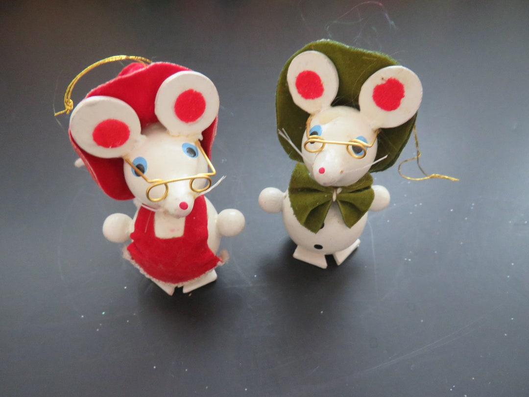 TWO Wooden Mice Ornaments - Boy Girl Mice Gold Rimmed Glasses - Holiday ...